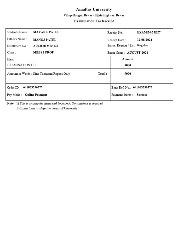 Amaltas University Exam Fee Receipt | PDF