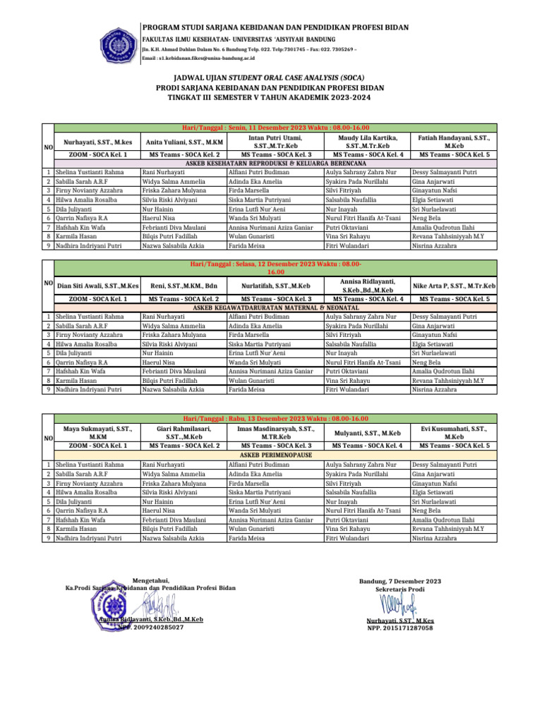 JADWAL SOCA ASKEB PATOLOGI 2023-2024 | PDF