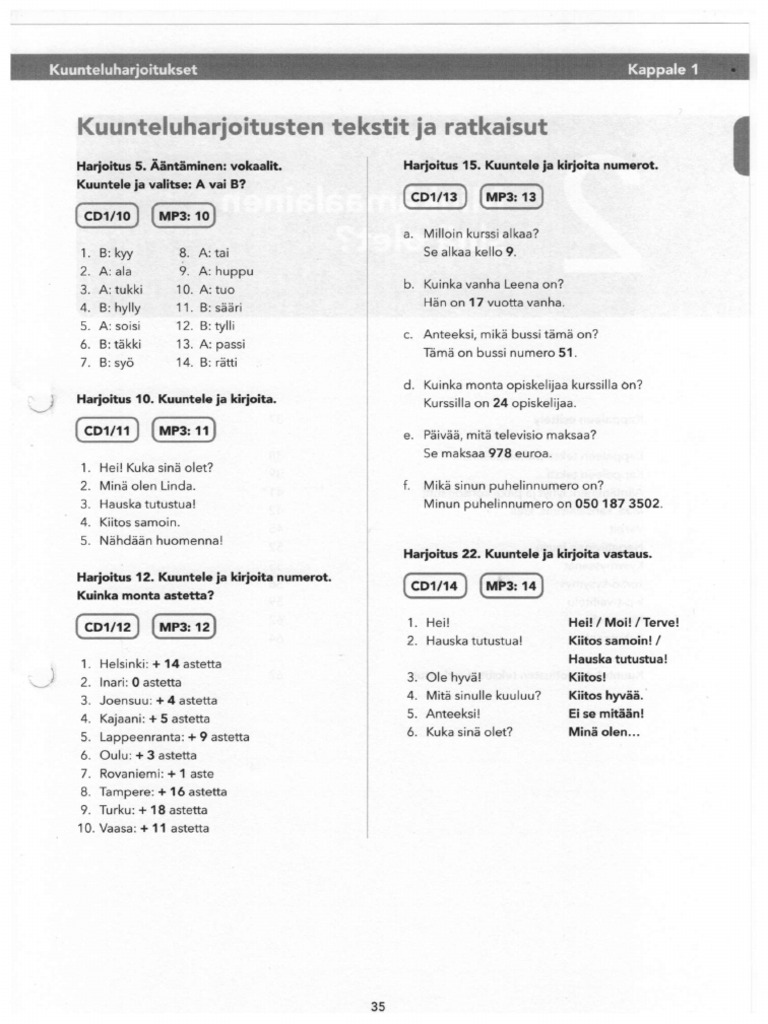 SM1 Uusi KPL 1 Kuunteluharjoitusten Tekstit Ja Vastaukset - Compressed | PDF