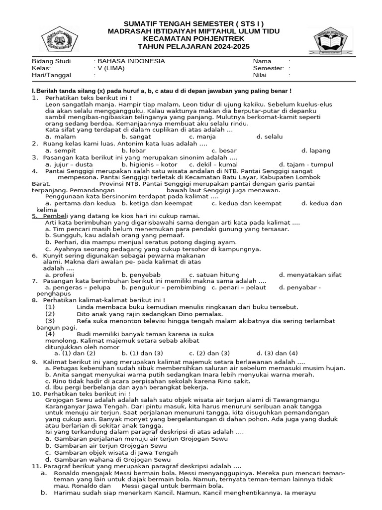 Soal PTS-STS Bahasa Indonesia Kelas 5 Semester 1 Kurikulum Merdeka T.A 2023-2024 | PDF