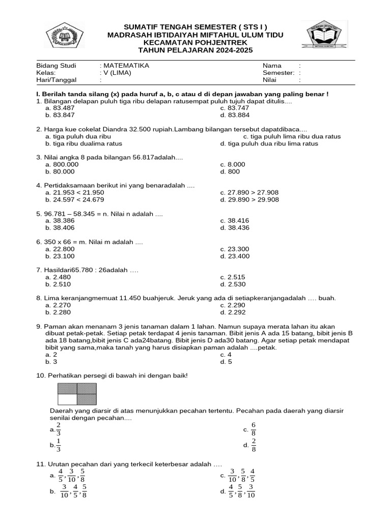 Soal PTS-STS Matematika Kelas 5 Semester 1 Kurikulum Merdeka T.A 2023-2024 | PDF