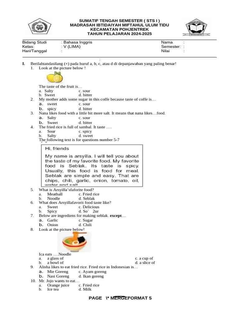 SOAL-STS-Bahasa-Inggris-KELAS-5-KURIKULUM-MERDEKA-SEMESTER-1 | PDF
