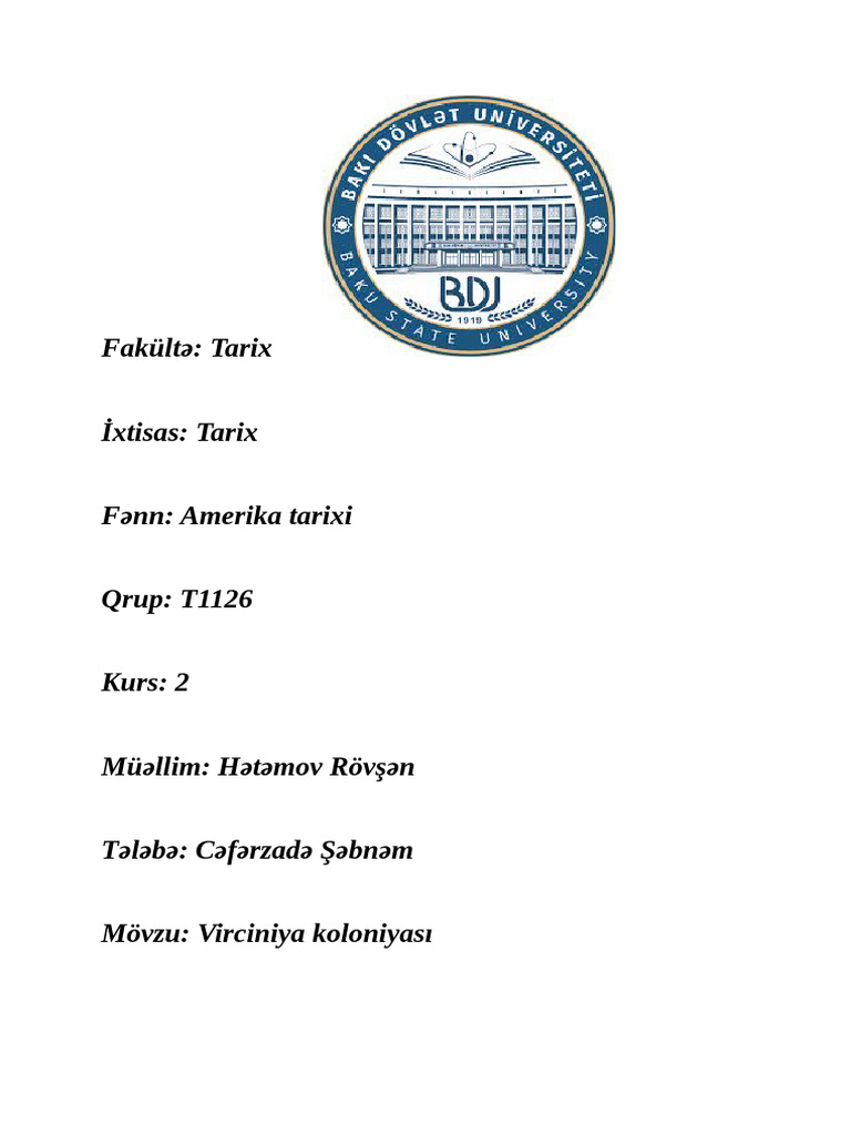 Fakültə: Tarix İxtisas: Tarix FƏNN: Amerika Tarixi Qrup: T1126 Kurs: 2 Müəllim: Hətəmov Rövşən ...