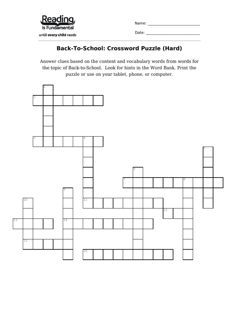 BackToSchool Crossword Puzzle Hard | PDF