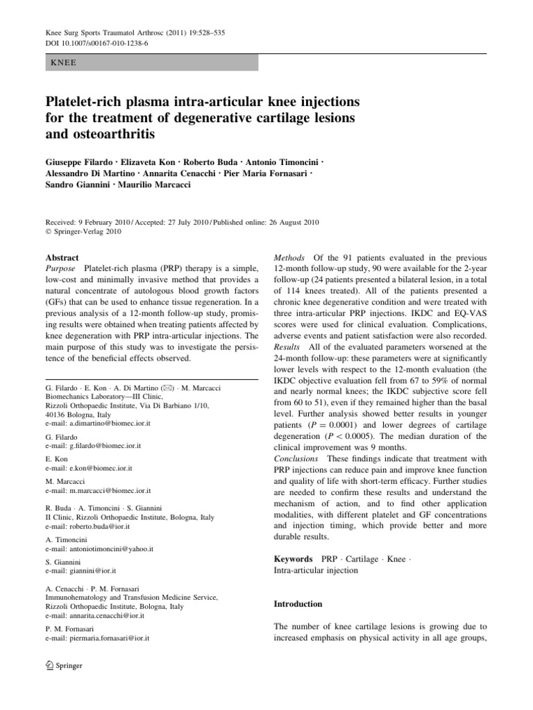 Platelet-rich Plasma Intra-Articular Knee Injections | PDF