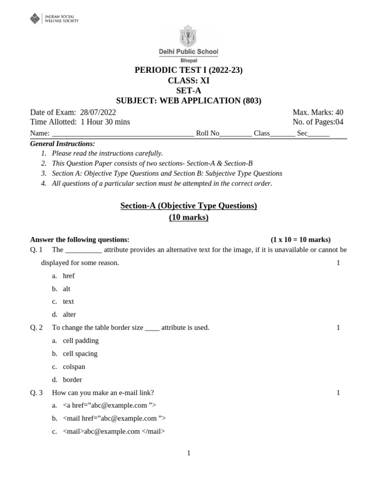 PT-I Class 11 Web Application 2022-23 Set-A | PDF