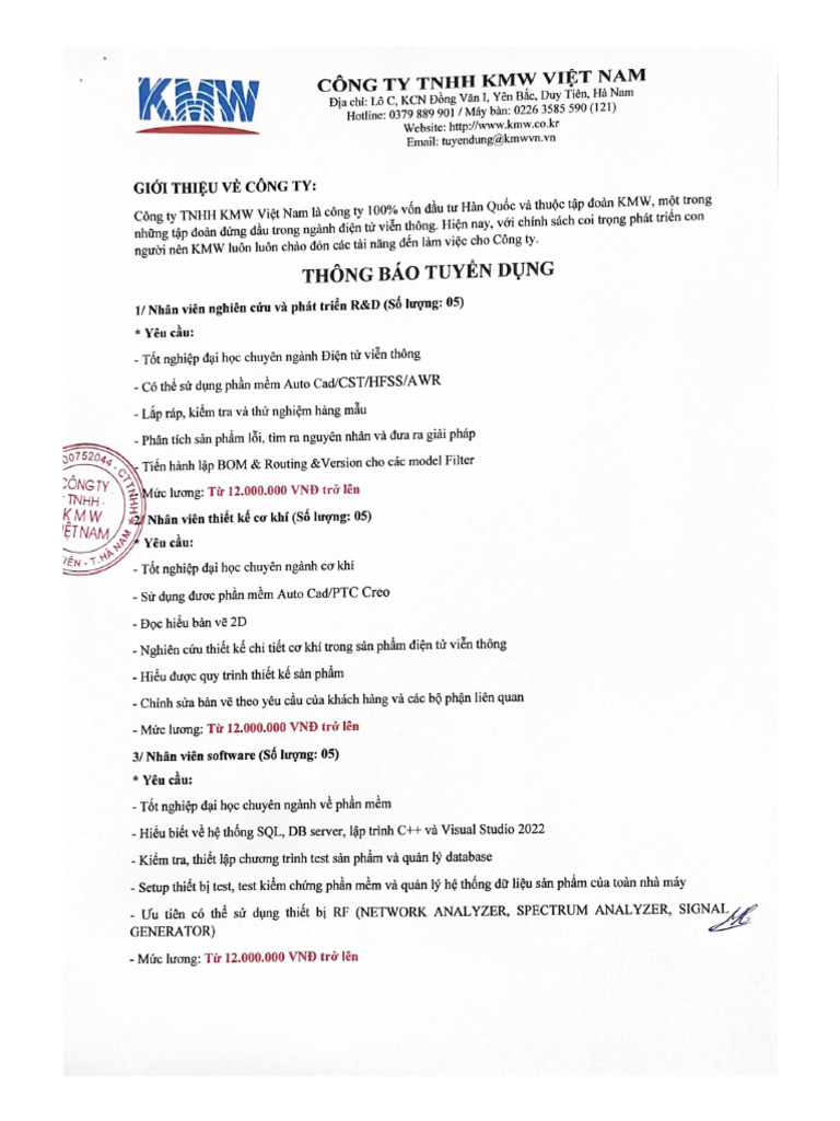 KMW - Tuyển dụng R&D | PDF