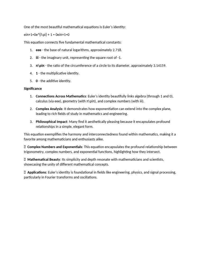 One of The Most Beautiful Mathematical Equations Is Euler | PDF