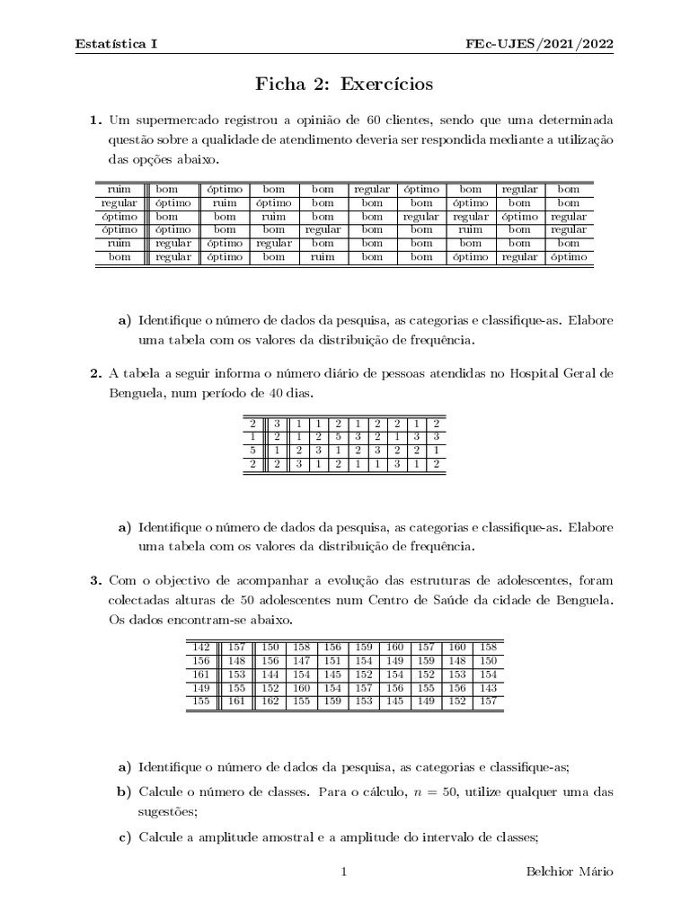 Estatística I - Ficha 2 | PDF
