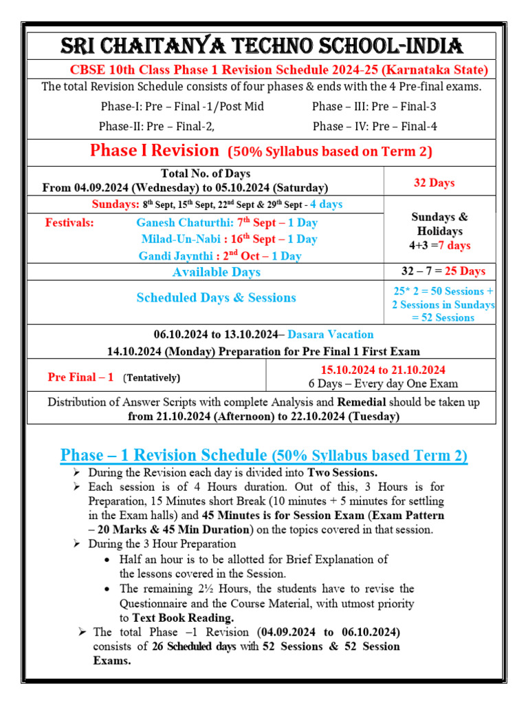 CBSE 10th Class Phase 1 Revision Schedule 2024-25 (Karnataka State) | PDF