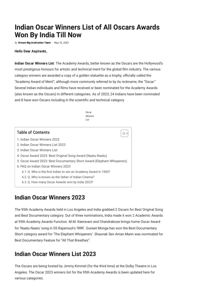 Oscar Winners List 2023 of All Oscars Awards Won by India | PDF | Academy Awards | Academy Of ...