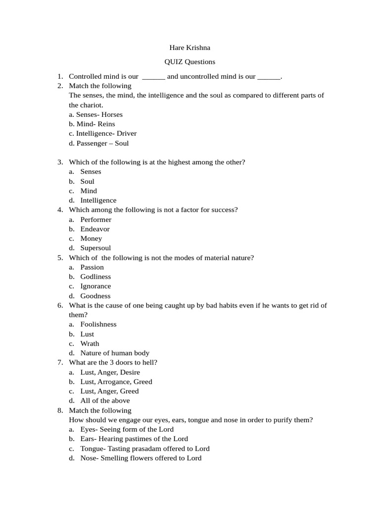 QUIZ Questions | PDF | Krishna | Hinduism
