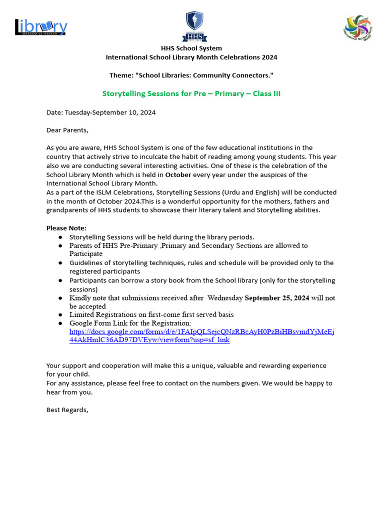 Storytelling Sessions Invitation For The Parents of HHS Pre - Primary ...