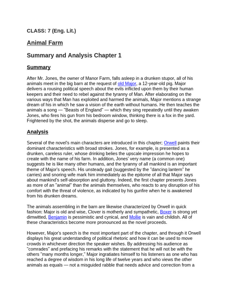 Animal Farm Chap 1 Summary and Analysis | PDF