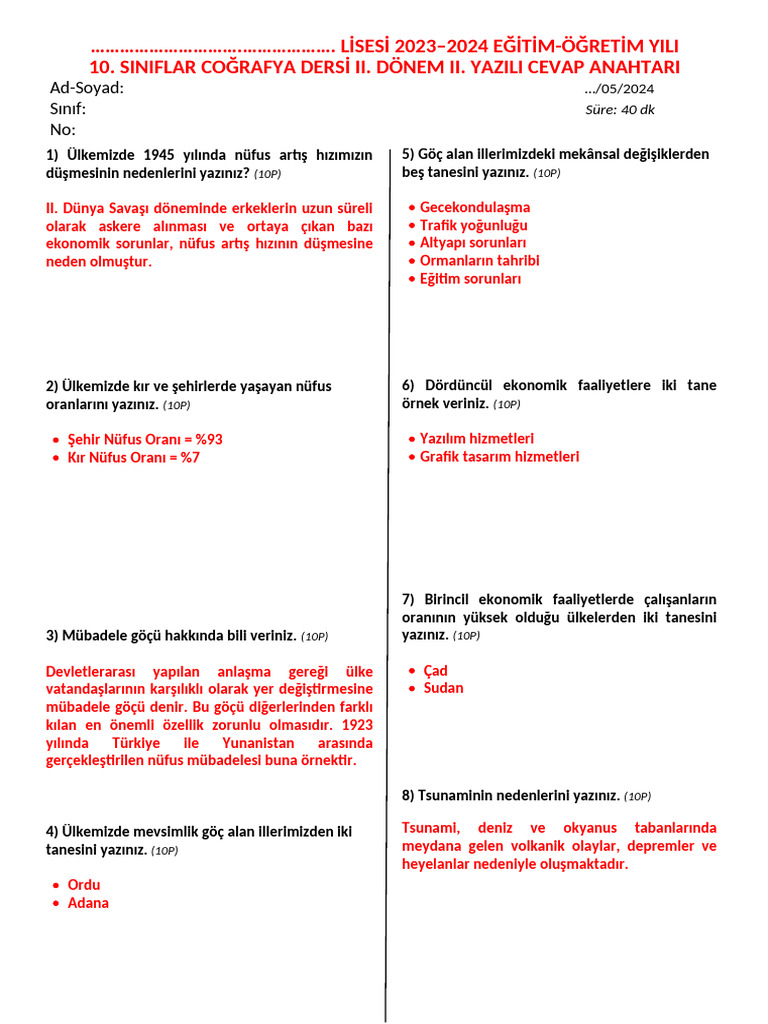 10-Sinif-2-Donem-2-Yazili-Cevap-Anahtari-2023-2024 2 | PDF