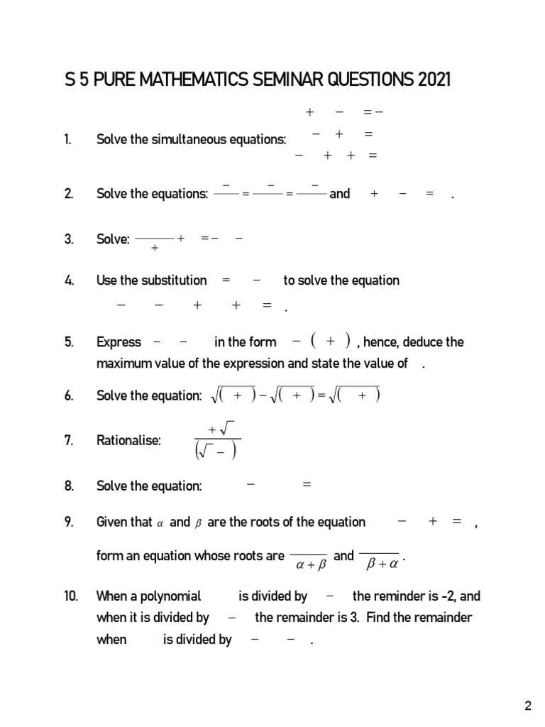 A LEVEL MATHEMATICS SEMINAR QUESTIONS 18 Qns | PDF