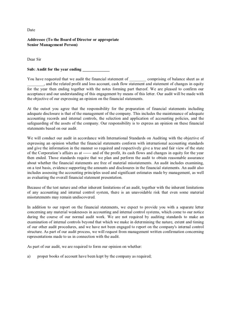 1 - Engagement Letter Format | PDF | Audit | Financial Statement