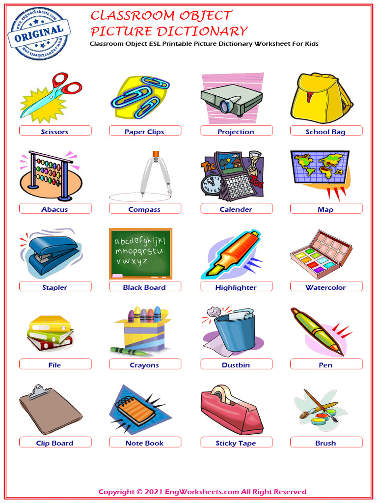 Classroom Object Esl Printable Picture Dictionary Worksheet For Kids ...