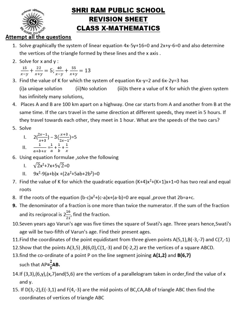 Class X Mathematics Revision Sheet | PDF