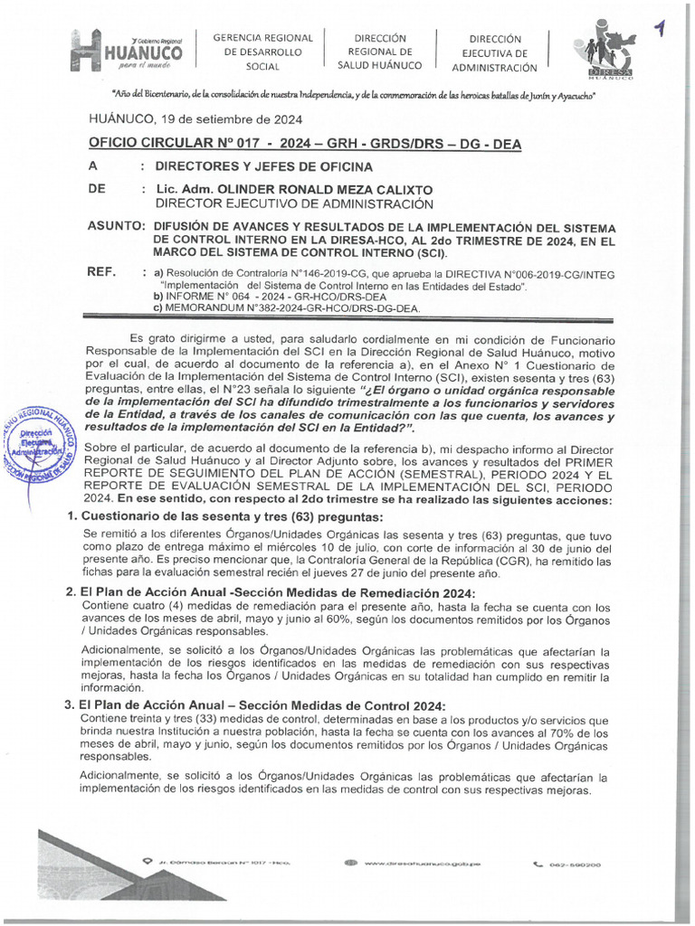 OFICIO CIRCULAR N°017-2024-GRH-GRDS-DRS-DG-DEA | PDF