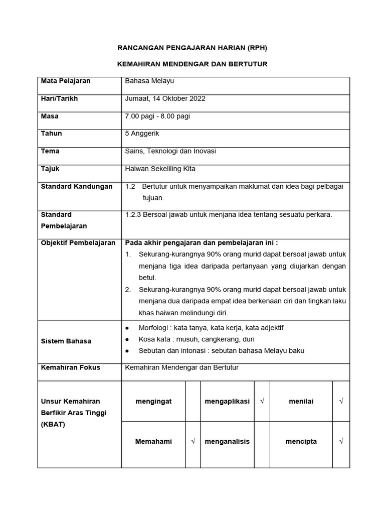 Contoh RPH Kump BM | PDF