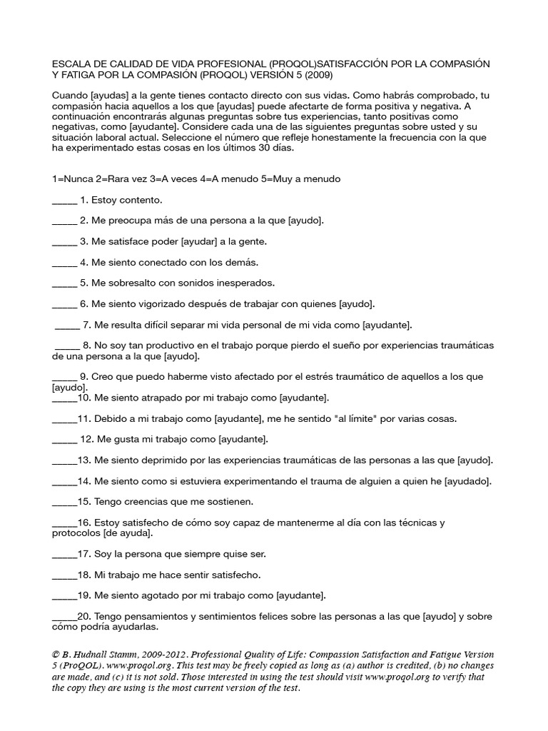 Escala de Calidad de Vida Profesional (Proqol) Satisfacción Por La Compasión y Fatiga Por La ...