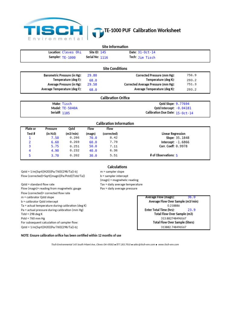 TE 1000 PUF Calibration Worksheet | PDF | Fluid Dynamics | Fluid Mechanics