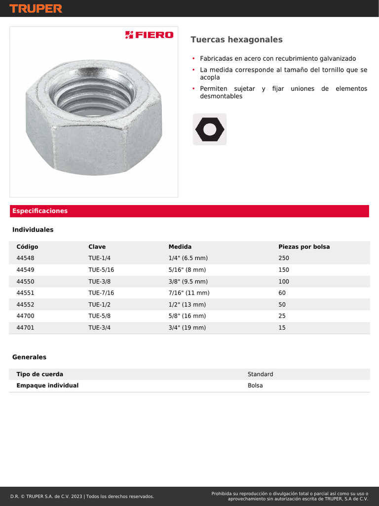 Ficha Tuercas Hexagonales | PDF