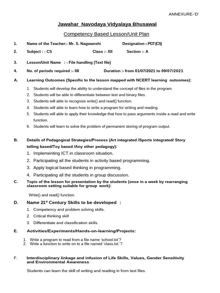 Competency Based Lesson Plan II-1 | PDF