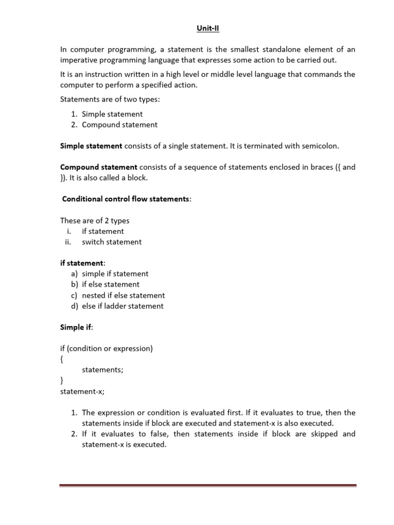 Unit - II - CONTROL FLOW STATEMENTS AND SWITCH | PDF