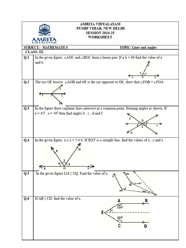 Class 9 Lines and Angles worksheet .docx | PDF