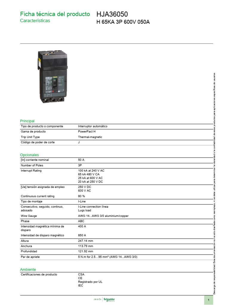 Interruptores en Caja Moldeada Powerpact Marco H - HJA36050 | PDF