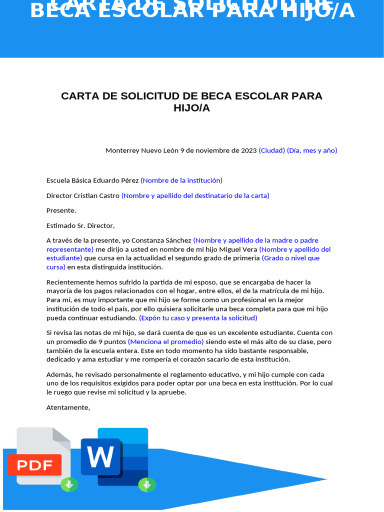 Carta para Solicitar Beca Escolar para Hijo o Hija | PDF