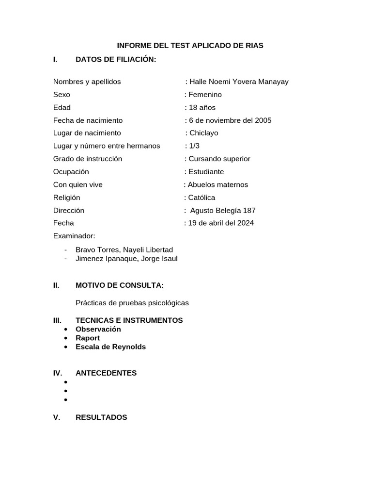 Informe Del Test Aplicado de Rias | PDF