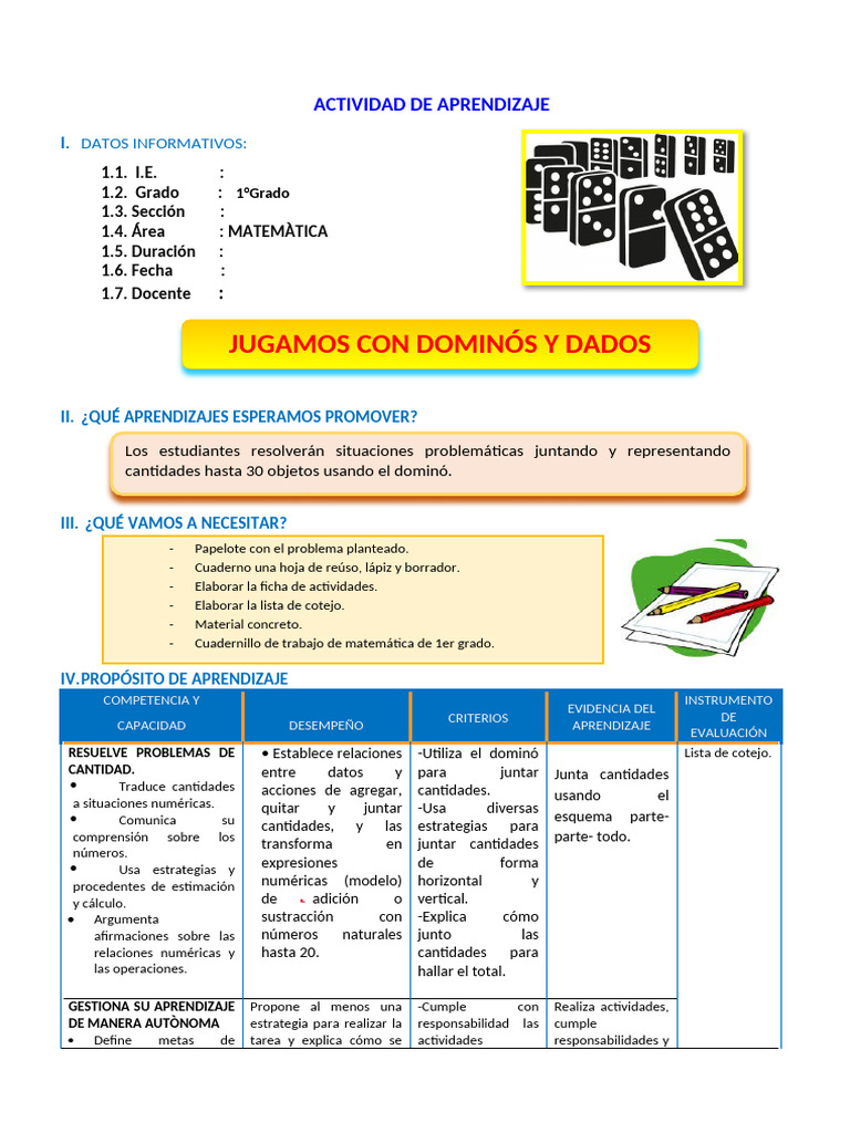d2 a1 Sesion Mat. Jugamos Con Dominós y Dados | PDF