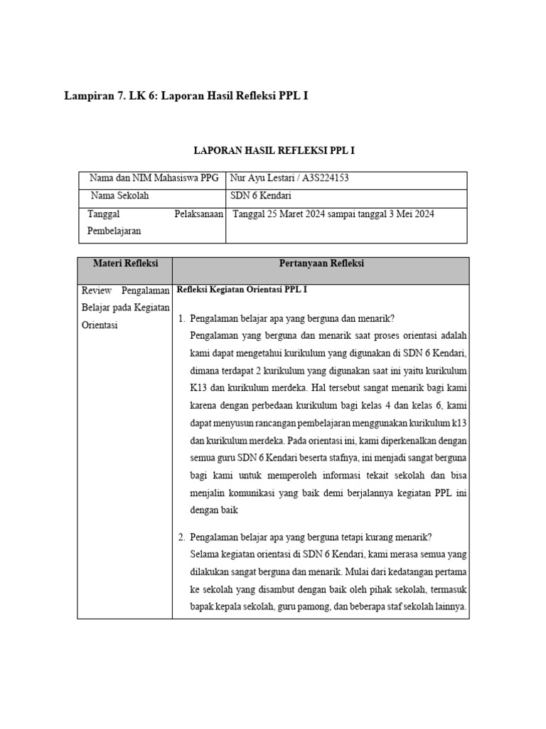 Lampiran 7. LK 6 Laporan Hasil Refleksi PPL I Nur Ayu Lestari | PDF
