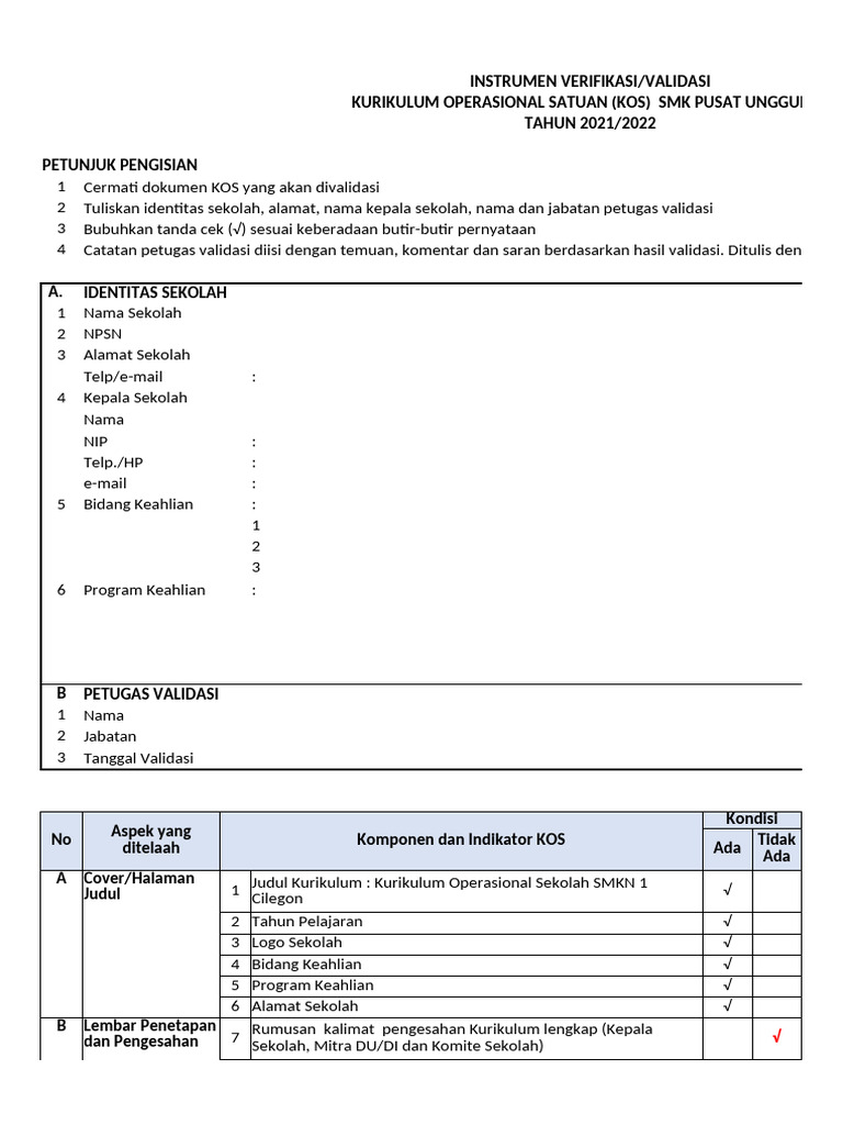 Instrumen Verifikasi-Validasi KOS 2021 | PDF