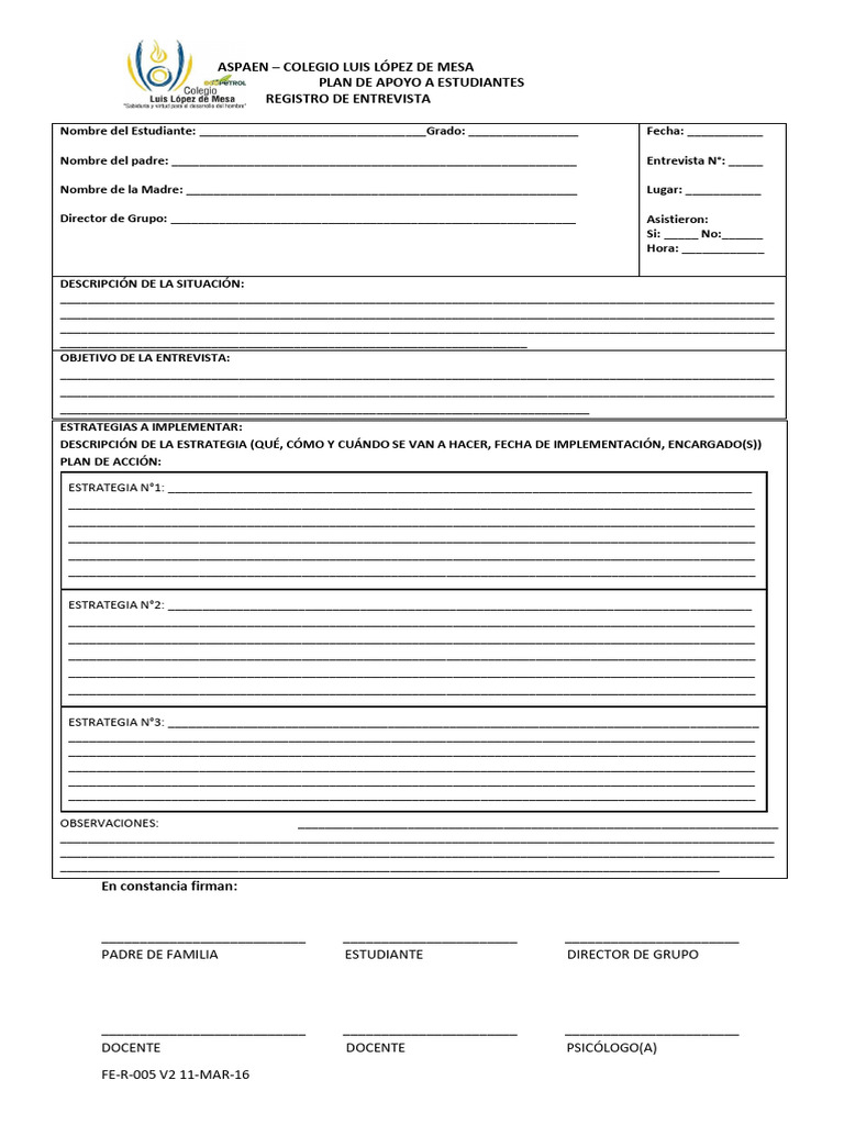 Formato Plan de Apoyo Estudiantes FE-R-005 V2 11-MAR-16 | PDF