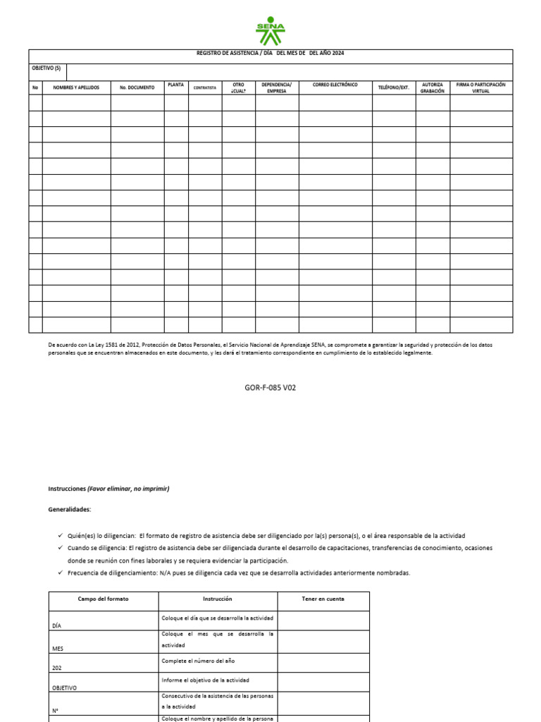 GOR F 085RegistrodeAsistenciaV02 | PDF