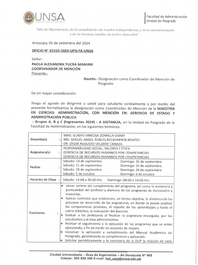 Oficio #1559-2024-Upg-Fa-Unsa | PDF