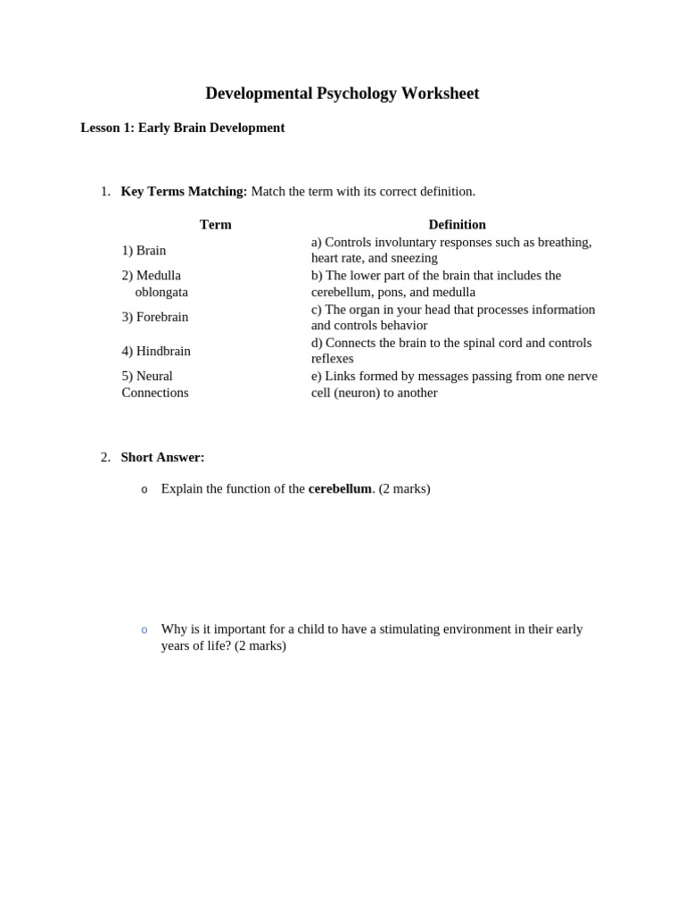 Developmental Psychology Worksheet | PDF | Schema (Psychology) | Cognition