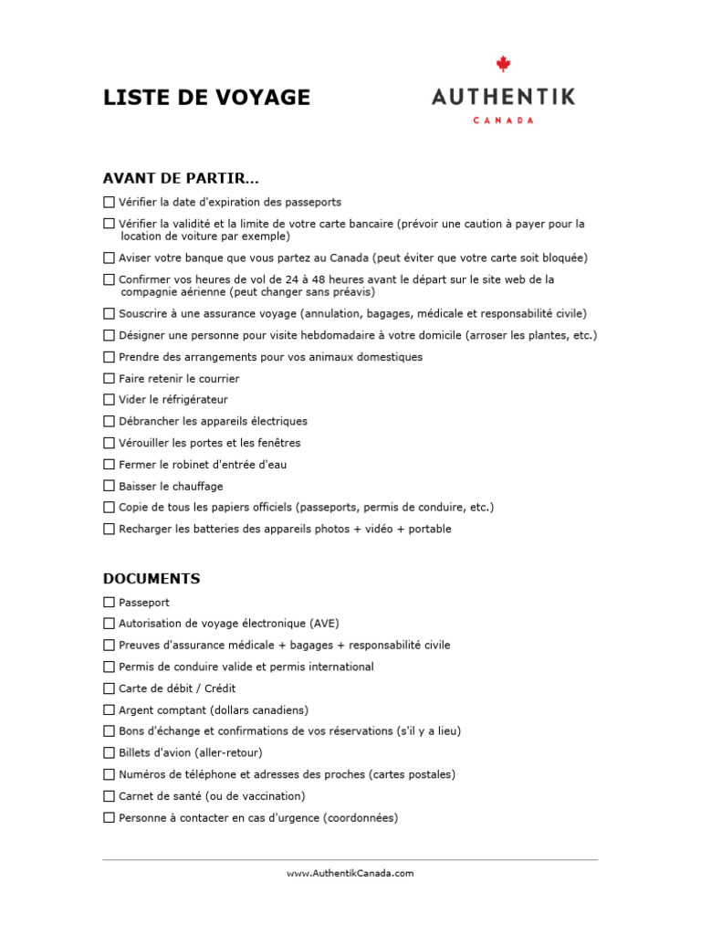 Liste Voyage Canada Imprimable | PDF