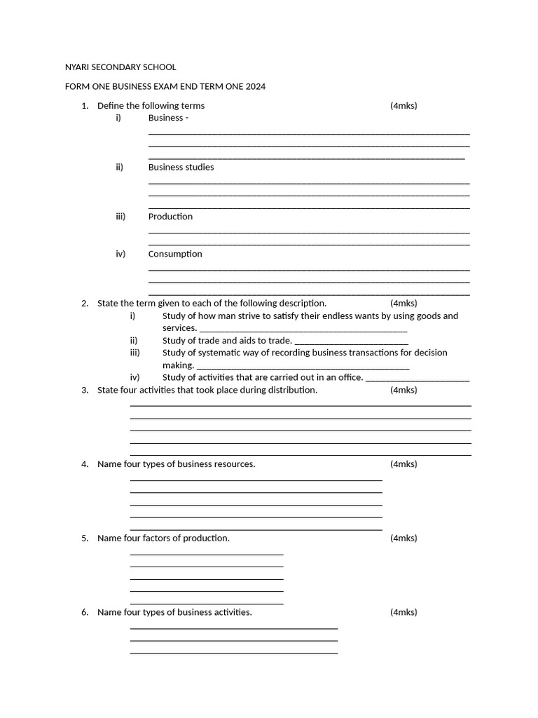 NYARI SECONDARY SCHOOl form 1 paper | PDF