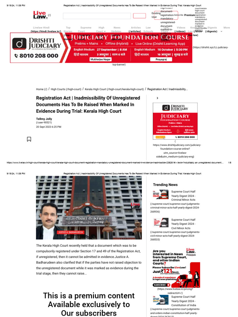 Registration Act - Inadmissibility of Unregistered Documents Has To Be ...