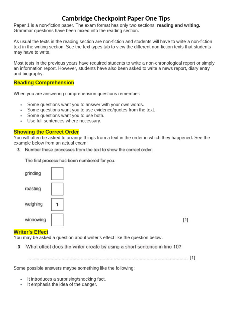 Cambridge Checkpoint Paper One Tips | PDF