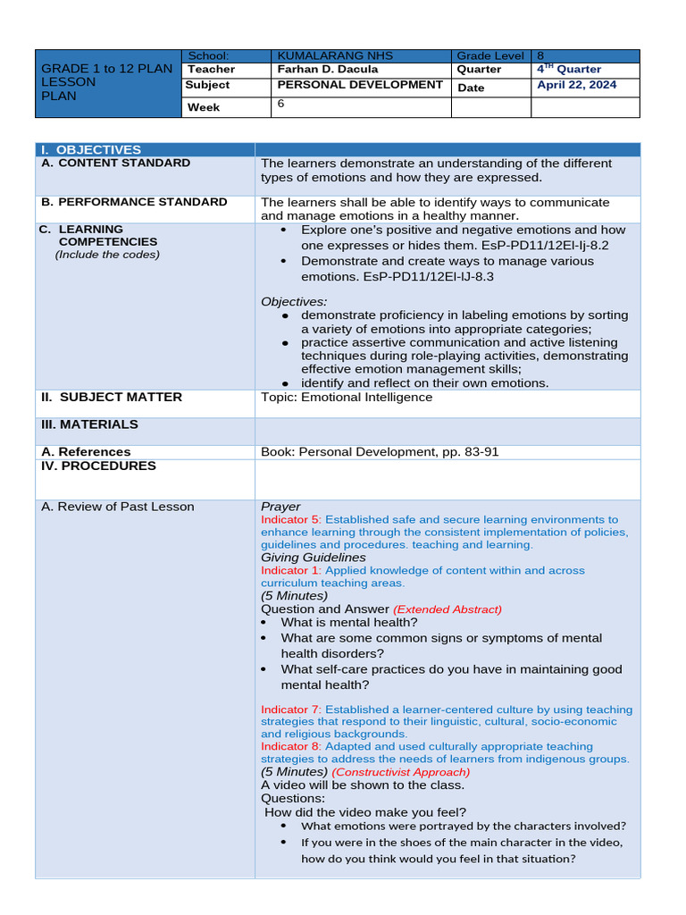 Grade 8 Personal Development Lesson Plan | PDF | Emotions | Learning