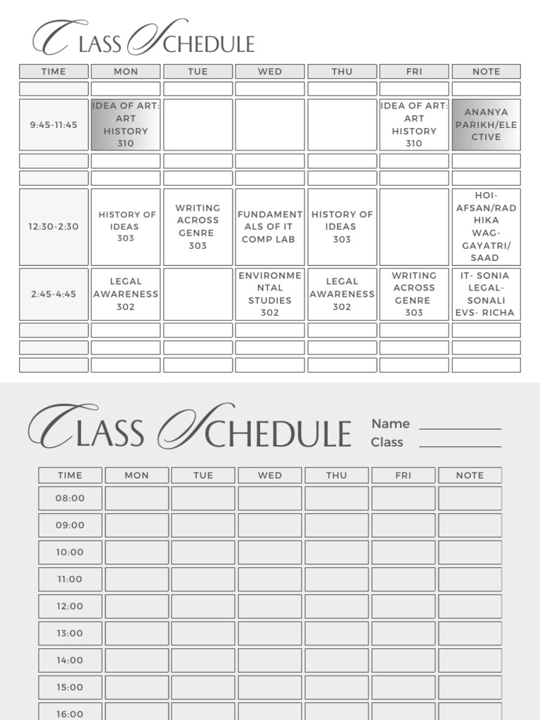 White Grey Minimalist Simple Weekly Class Schedule | PDF