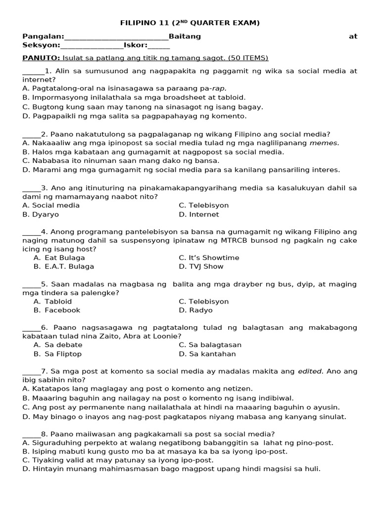 2nd Quarter Exam SA FILIPINO 11 | PDF