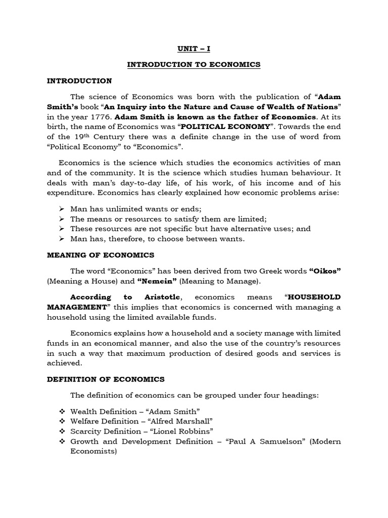UNIT-1 Introduction To Economics | PDF