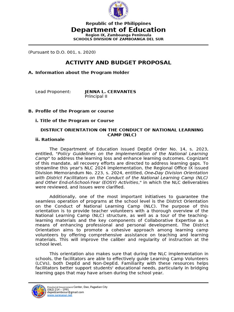 Activity Proposal - District NLC Orientation 2024 | PDF